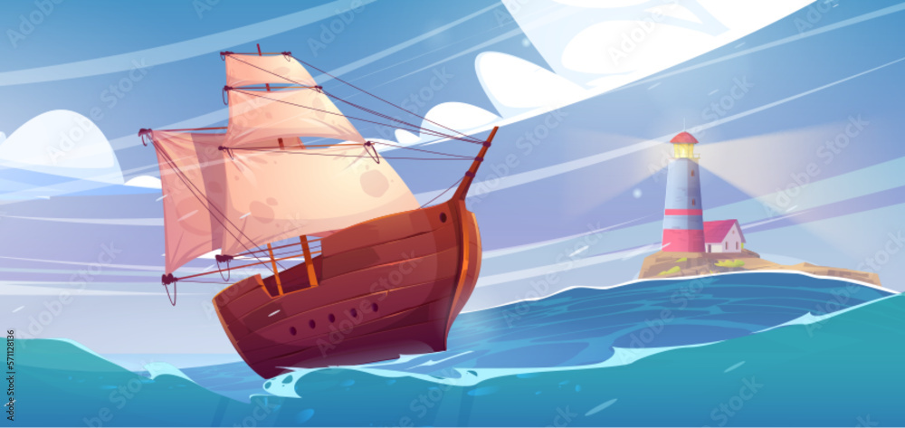 Sea landscape with lighthouse on island and ship with white sail ...