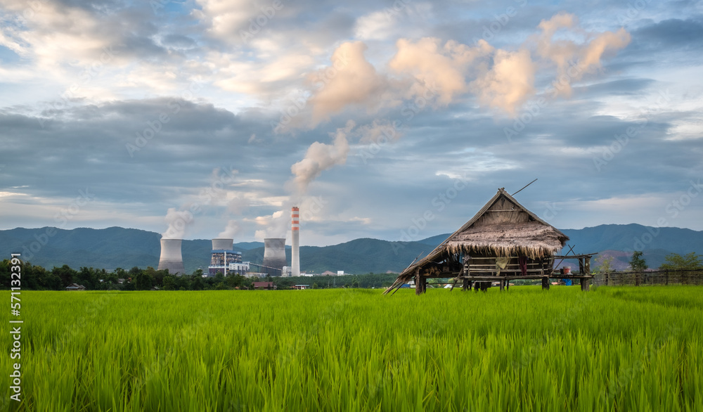 Rice field view with Hongsa Power Plant, Laos Stock Photo | Adobe Stock