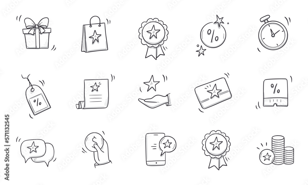 Doodle gift, discount coupon icon set. Hand drawn sketch style bonus ...
