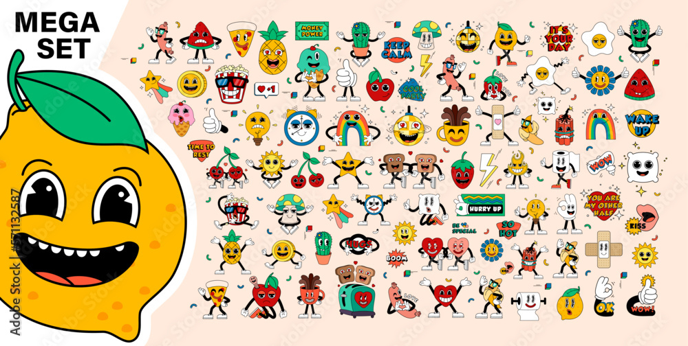 Mega set retro cartoon stickers with funny comic characters, gloved ...