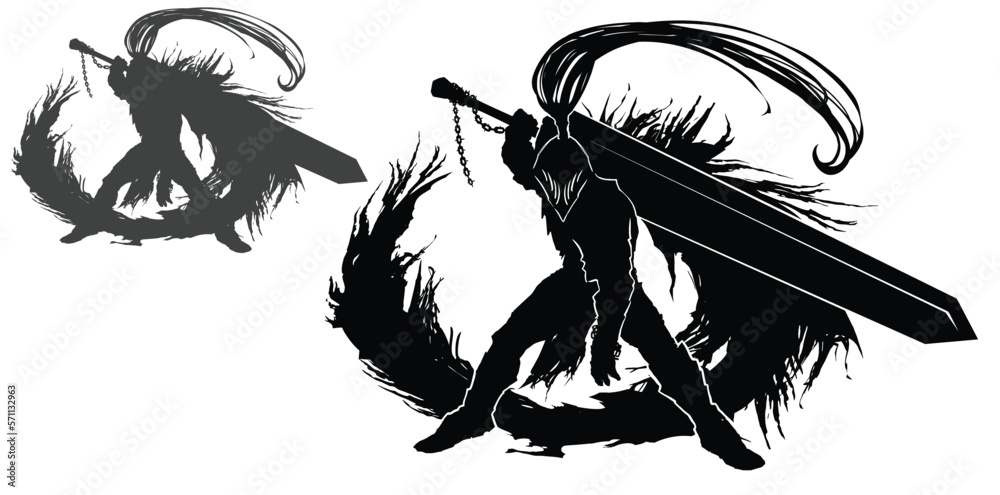 A sinister black silhouette of a creepy knight with a giant inhumanly ...