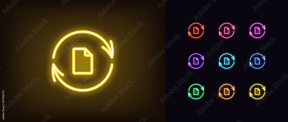 Outline neon file update icon set. Glowing neon update arrows frame ...