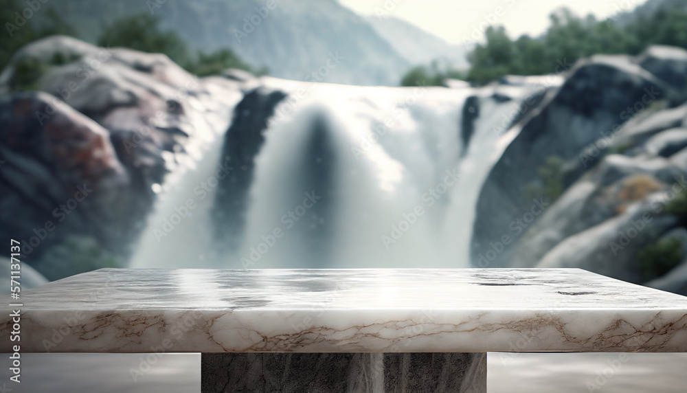 Marble table with waterfall background, empty marble tabletop for ...