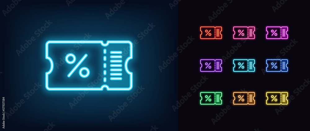 Outline neon discount ticket icon set. Glowing neon ticket frame with ...