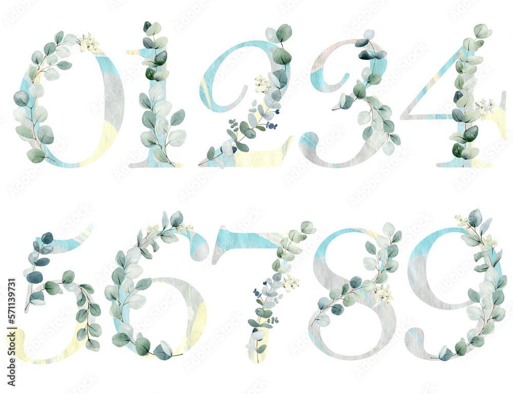 Watercolor floral numbers with eucalyptus leaves for wedding ...