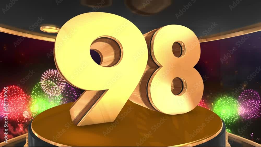 98th birthday animation in gold with fireworks background, Animated 98 ...