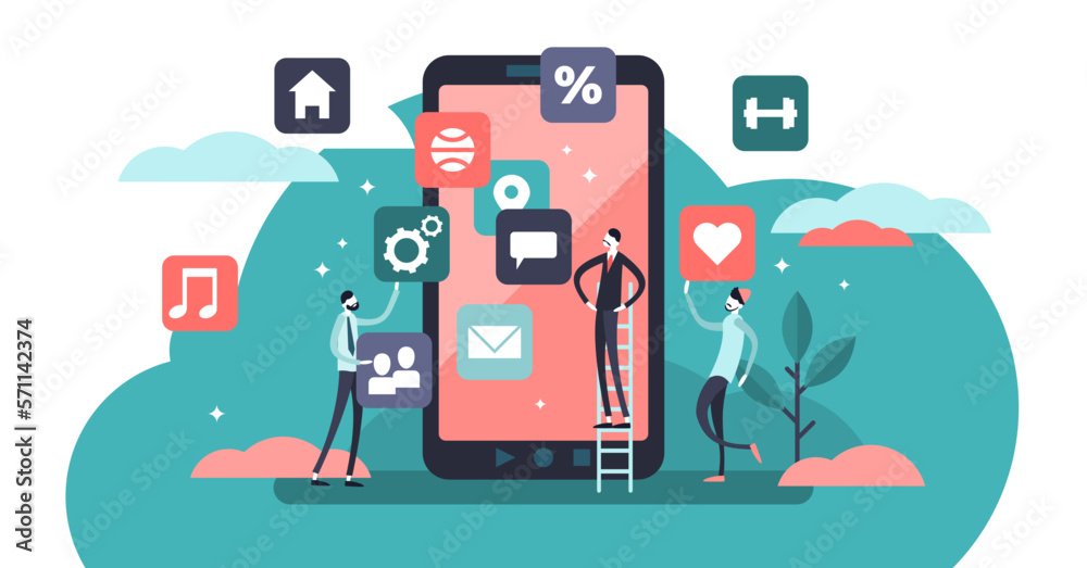 Mobile app illustration, transparent background. Flat tiny phone ...