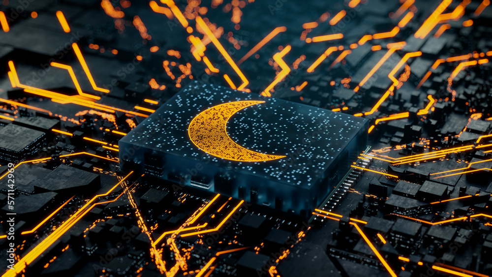 Night mode Technology Concept with moon symbol on a Microchip. Data ...