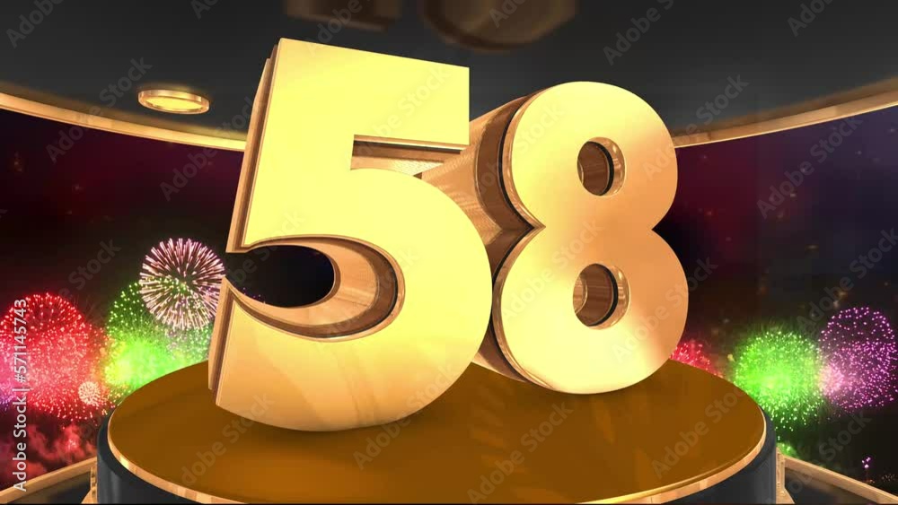 58th birthday animation in gold with fireworks background, Animated 58 ...