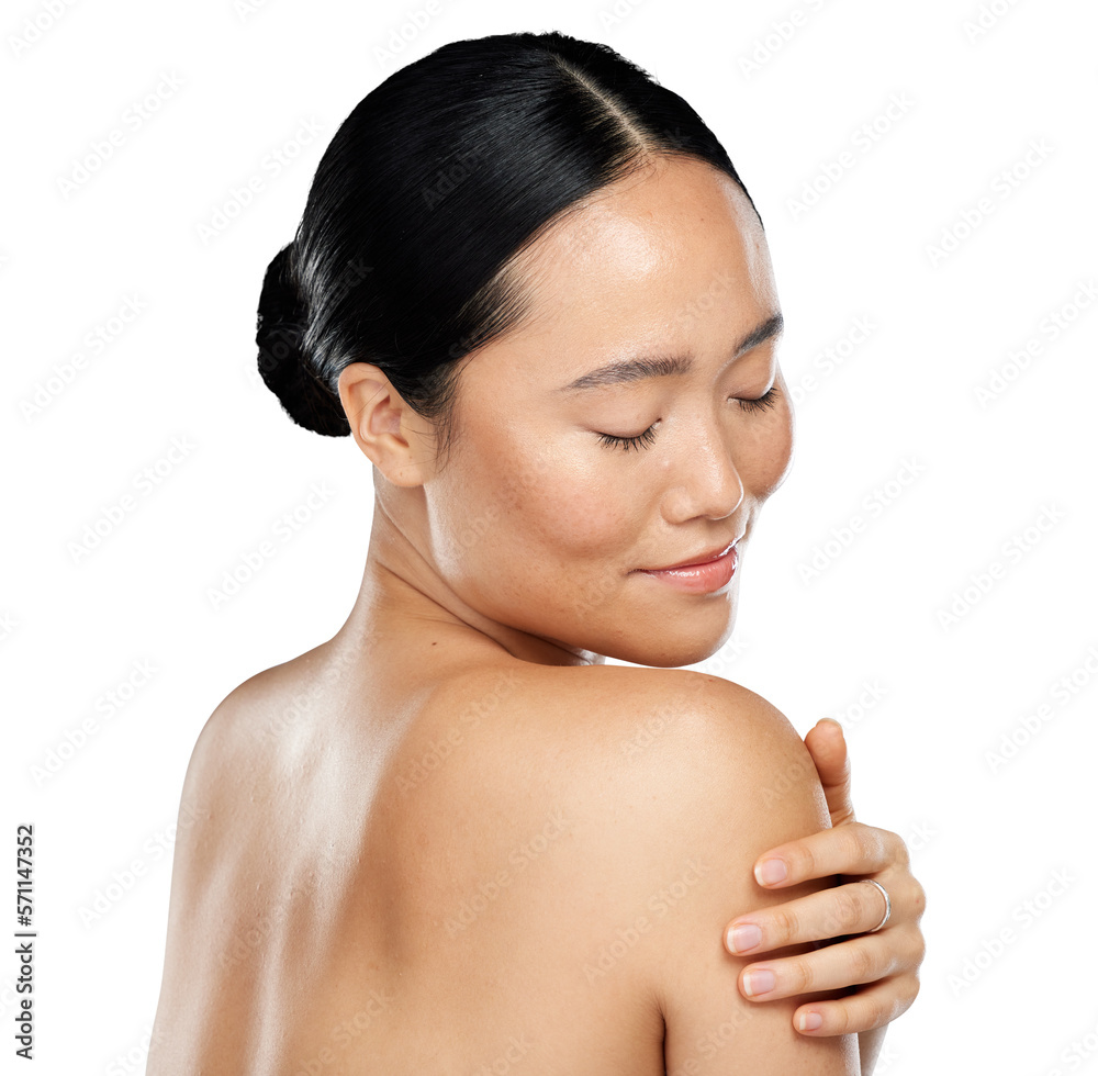 An asian female model touching her shoulder and skin after routine ...