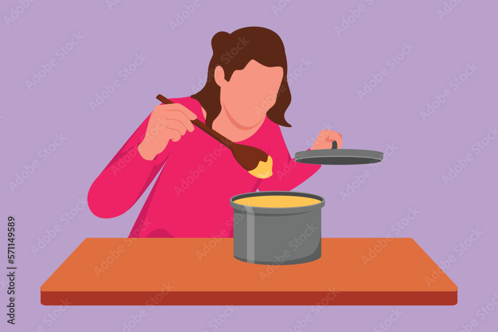 Graphic flat design drawing beauty housewife enjoying smell of cooking ...