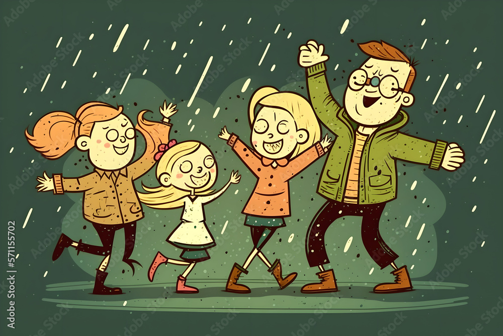 a simple cartoon style drawing of a family happy to dance in the rain ...