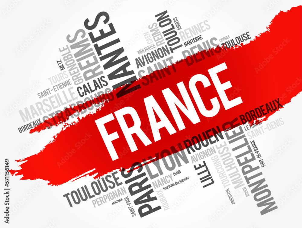 List of cities and towns in France, word cloud collage, travel concept ...