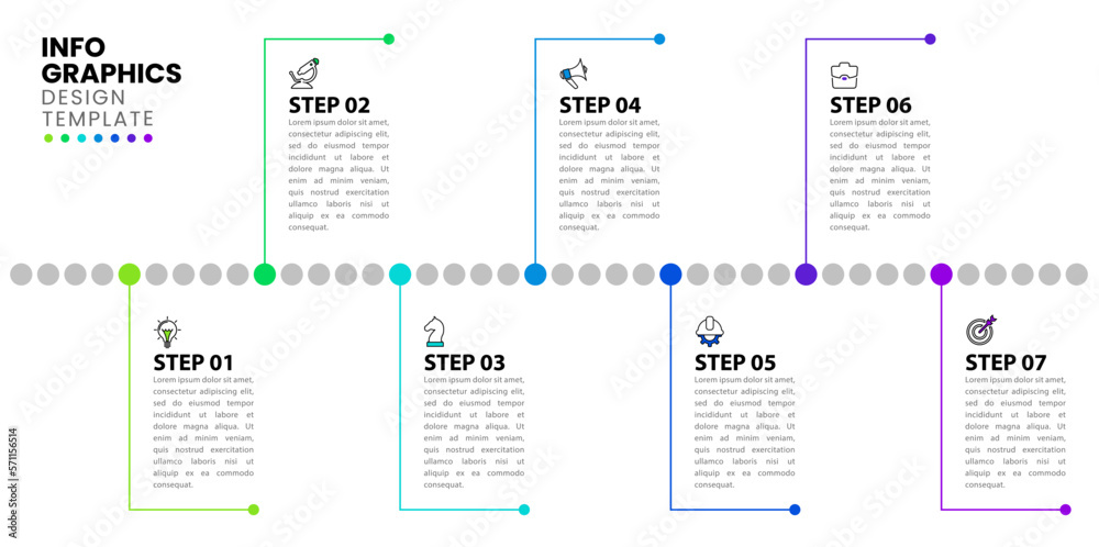Infographic template. Horizontal timeline with dots and 7 steps Stock ...