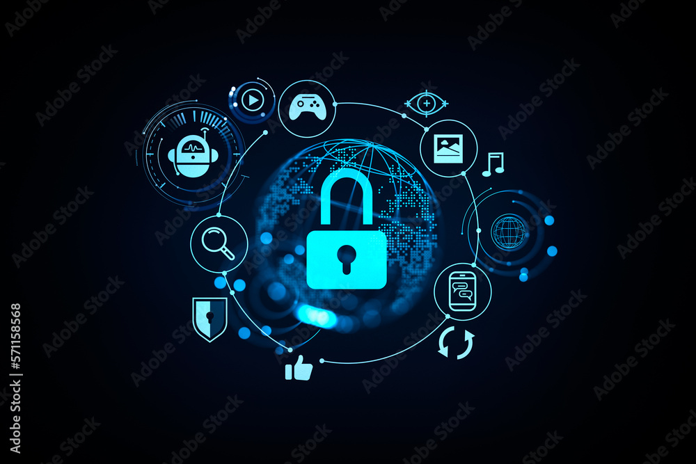 Earth globe and cybersecurity lock hologram with diverse icons Stock ...