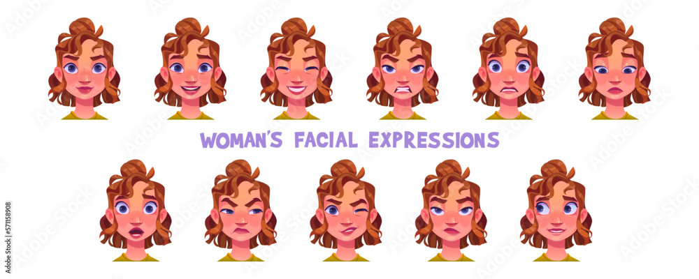 Woman Facial Expressions Isolated Vector Illustration Set Of Female Face Avatar With Different