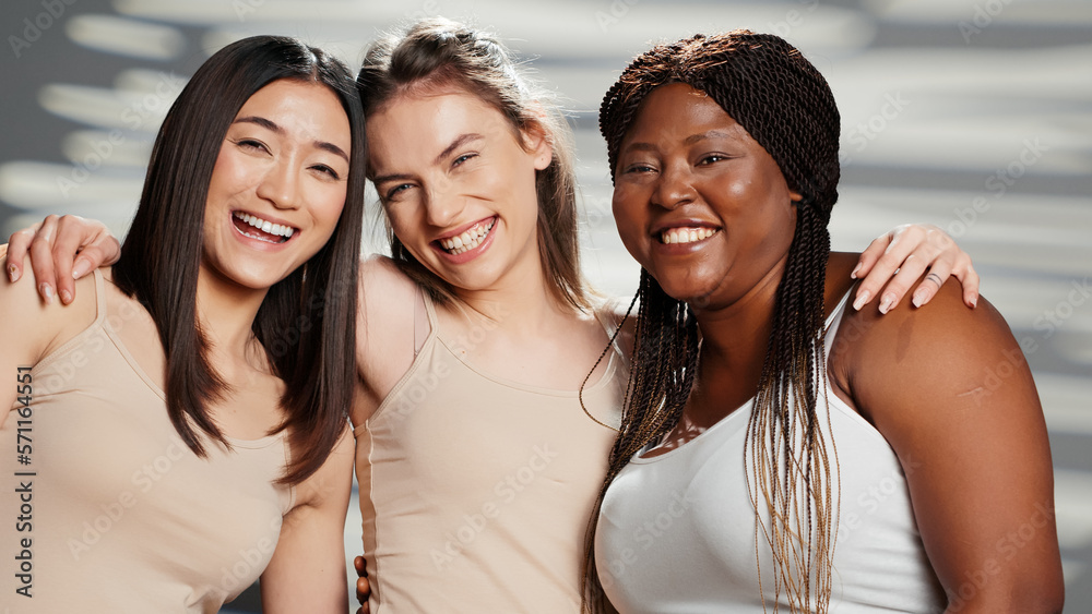 Curvy Skinny Interracial Models Filming Body Positivity Ad Expressing