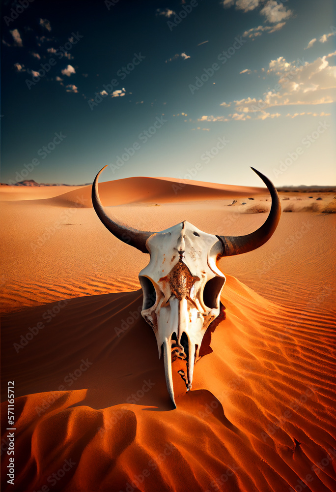 Skull of a horned animal in the desert sands. AI generated. Stock ...