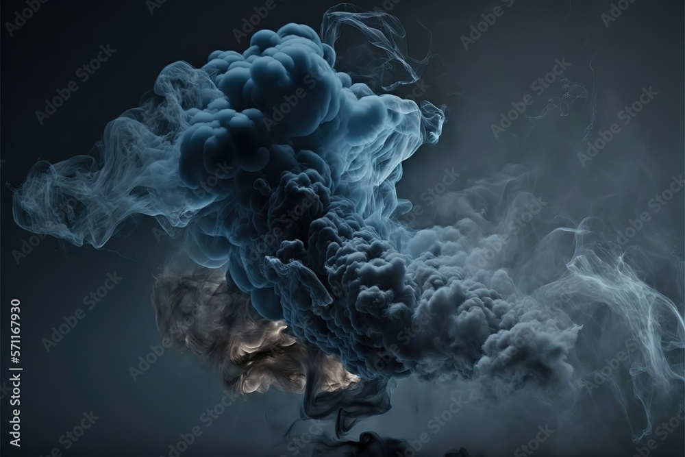 Abstract gray smoke floats up the soft dark blue background, an empty ...