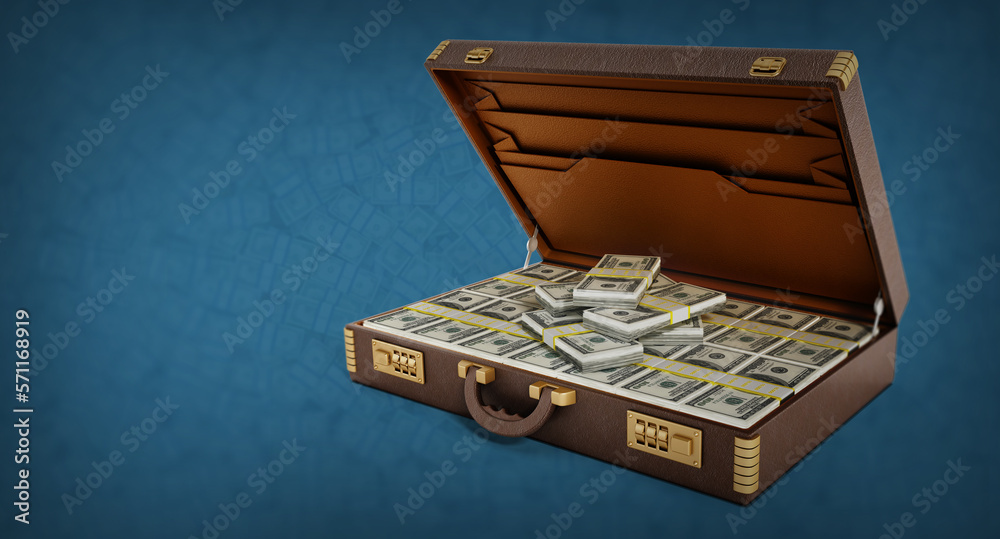 Open vintage briefcase full of 100 dollar bills on blue background ...