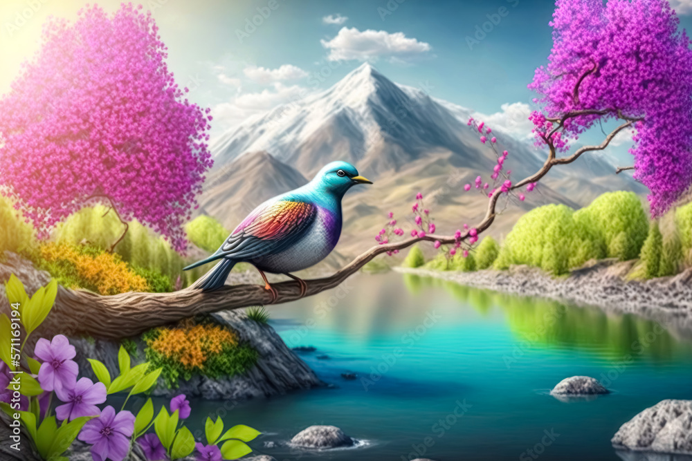 Spring season concept. 3D bird in nature with tree flower river and ...