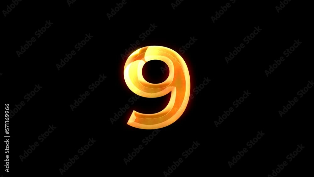 Number 9 nine animation on transparent background with golden lens ...