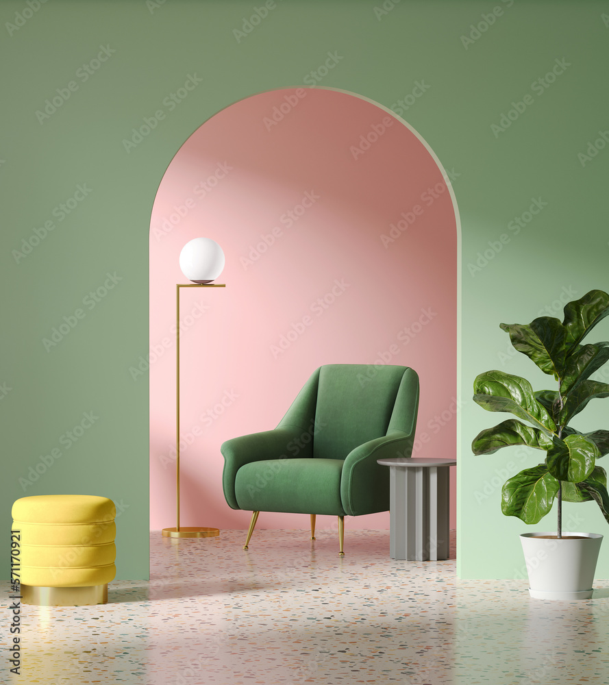 3d render of an 80s vibrant interior in Memphis style with arched wall ...