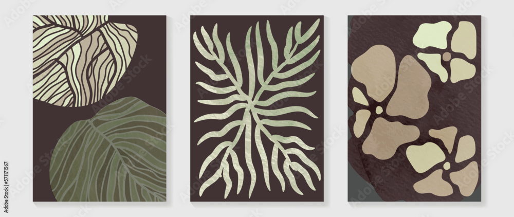Set of abstract foliage wall art vector. flowers, watercolor texture ...