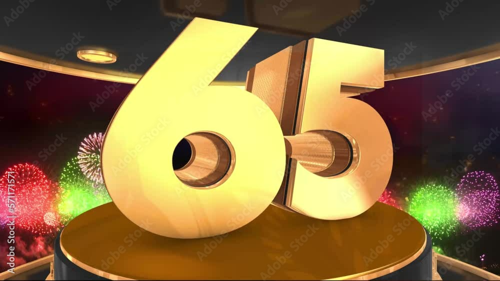 65th birthday animation in gold with fireworks background, Animated 65 ...