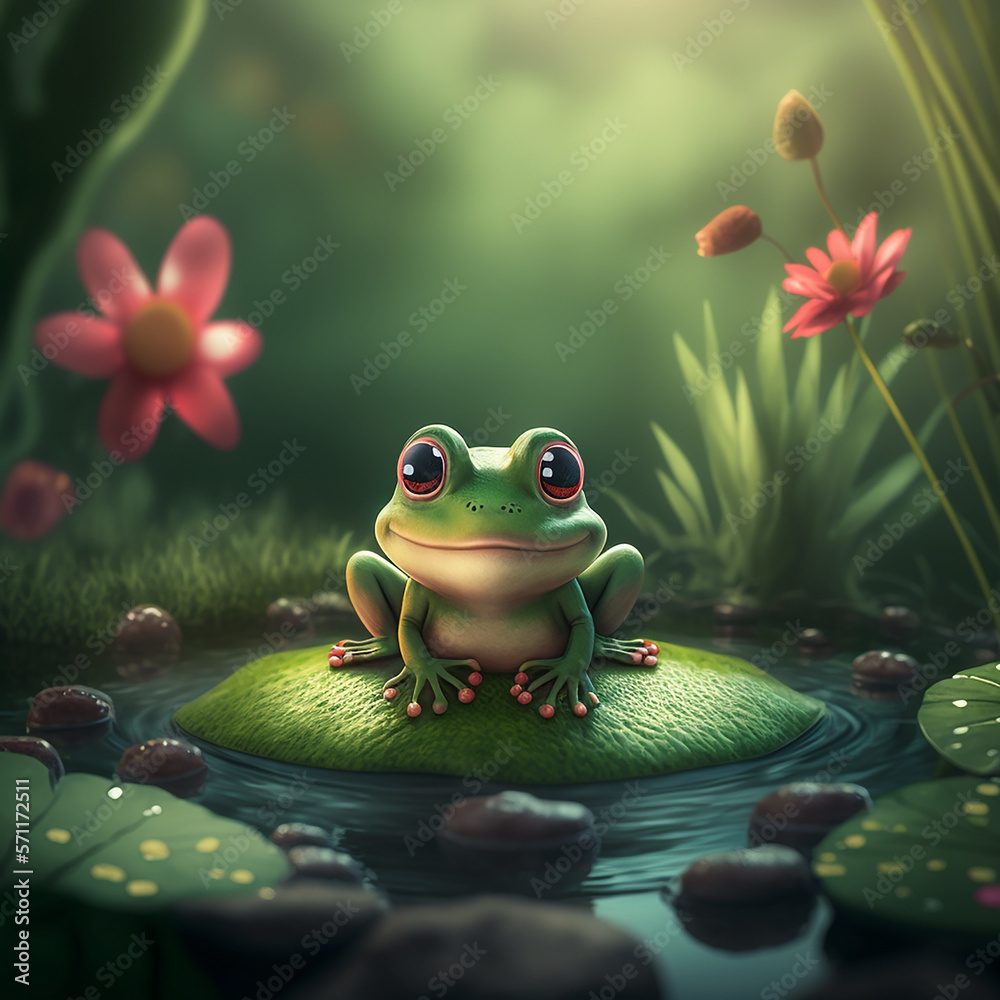 cute happy cartoon baby frog sitting on a lily pad, Cinematic Stock ...