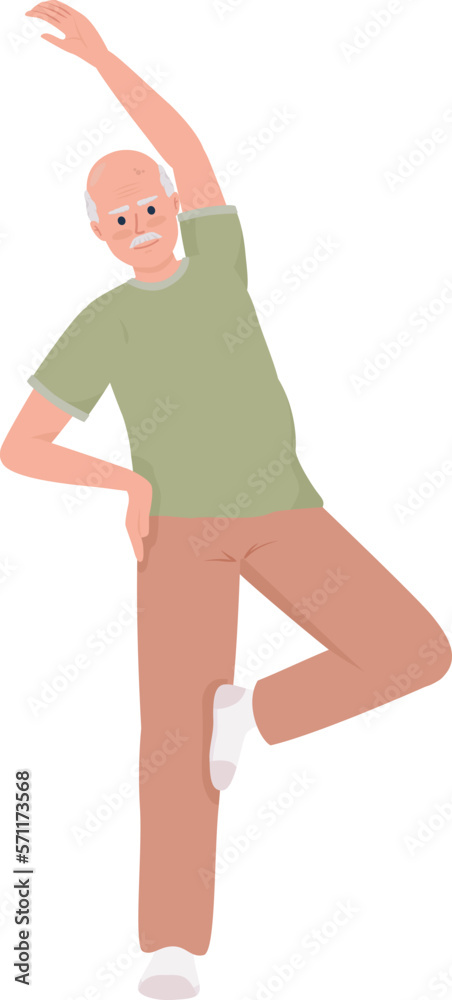 Senior man improving balance with exercise semi flat color vector ...