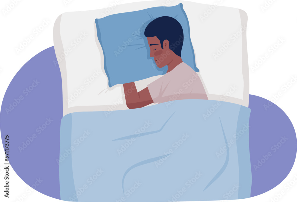 Young man embracing soft pillow while napping semi flat color vector ...