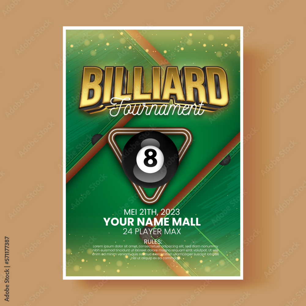 Pool billiards vector tournament poster with billiard balls and sticks ...