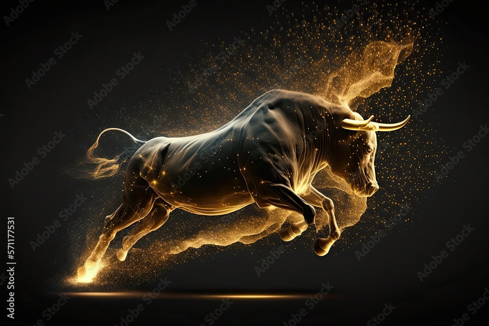 Charging Bull on black background. Bull represents aggressive financial ...