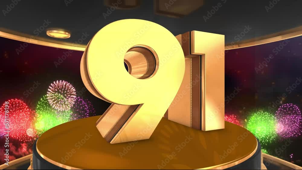 91st birthday animation in gold with fireworks background, Animated 91 ...