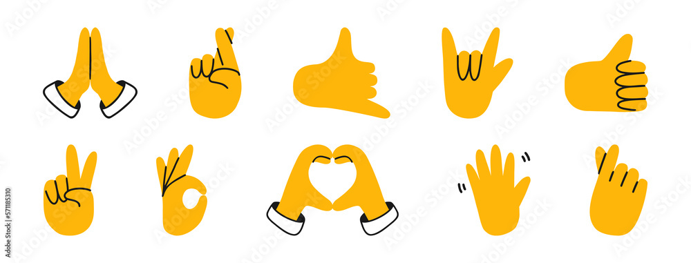 A large set of different gestures. emoji hands. Hello, thumbs up, heart ...