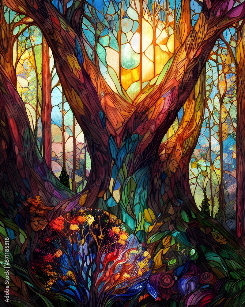 Forest of beautiful stained glass trees; trees made of stained glass ...