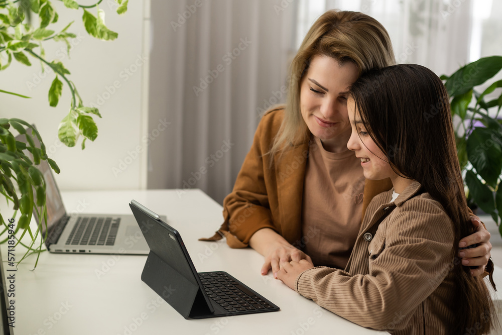 Teen girl distance learning virtual distance online class on video call ...