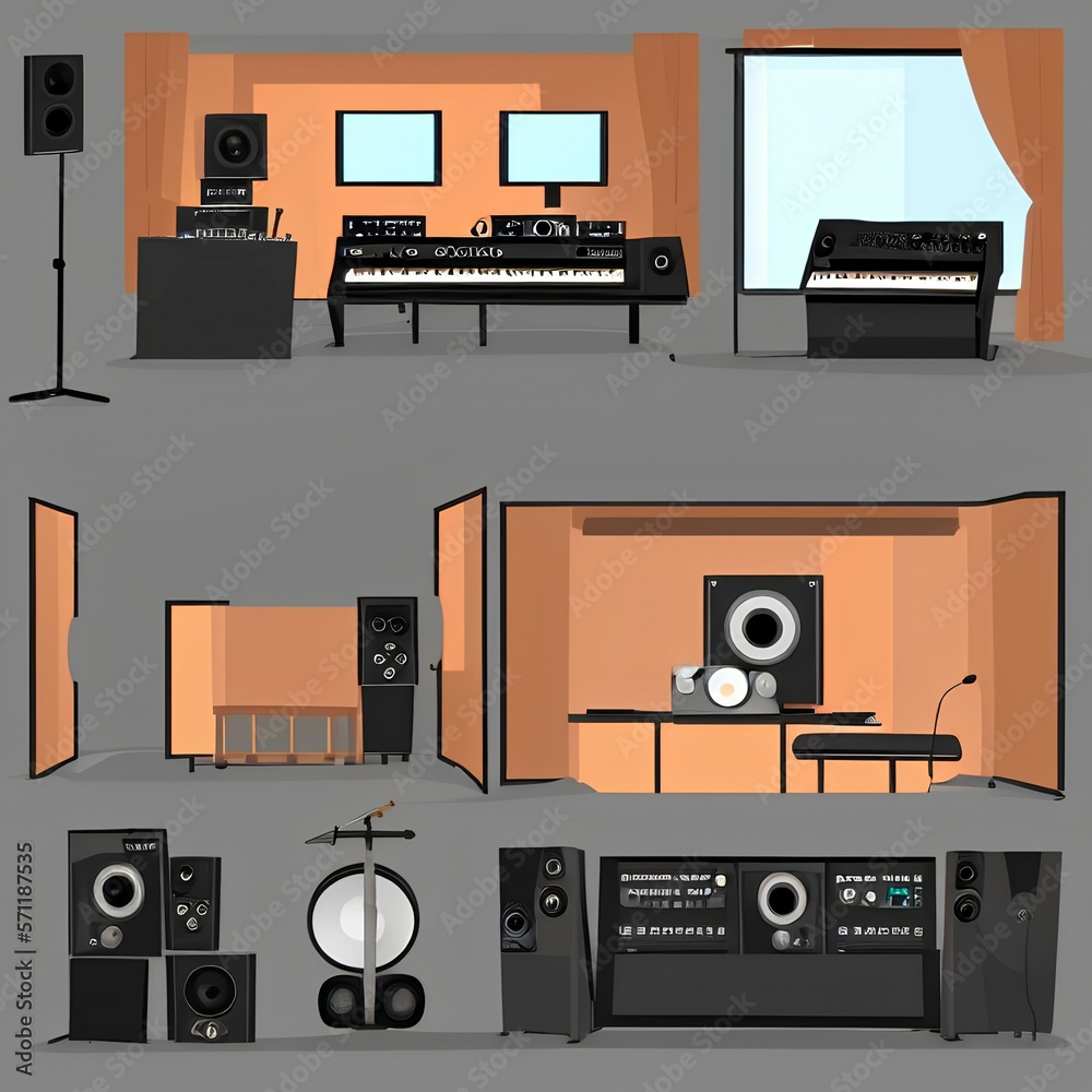 Music studio control room and singer booth behind glass. Vector cartoon ...