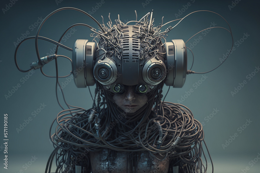 Futuristic robot wearing a VR headset, immersed in a virtual world with ...