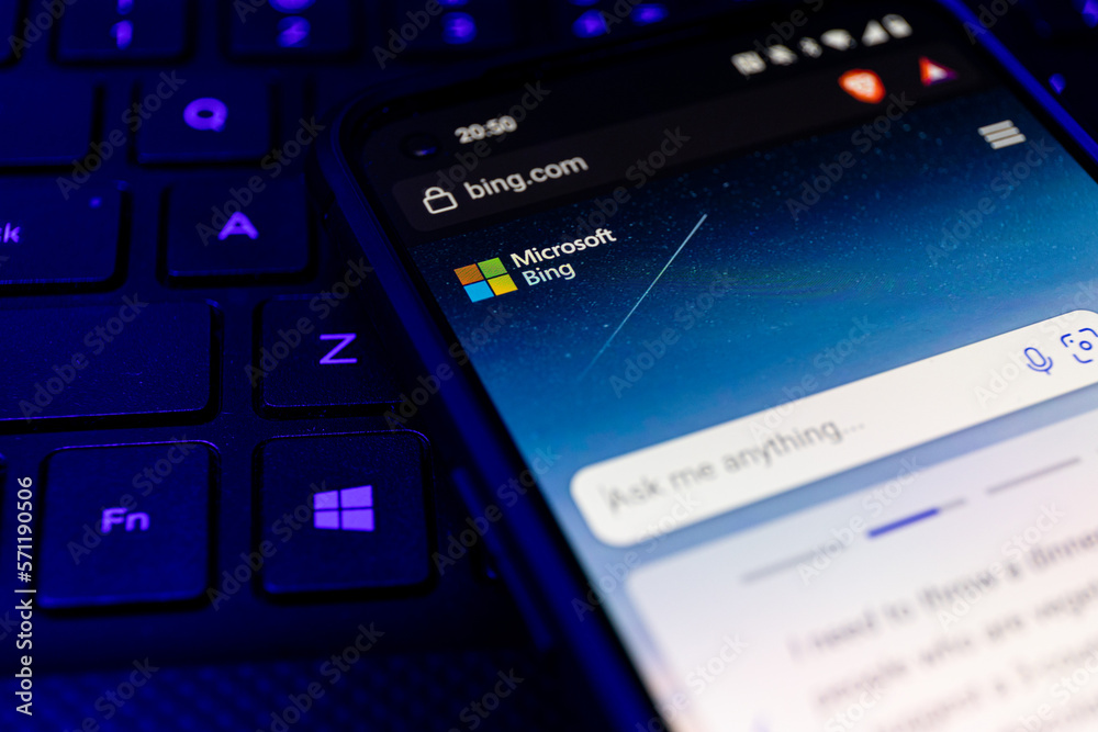 Bing on screen. Microsoft Bing is new AI CHAT bot launched by Microsoft ...