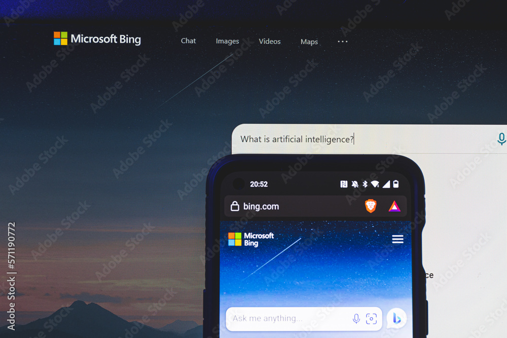 Bing on screen. Microsoft Bing is new AI CHAT bot launched by Microsoft ...