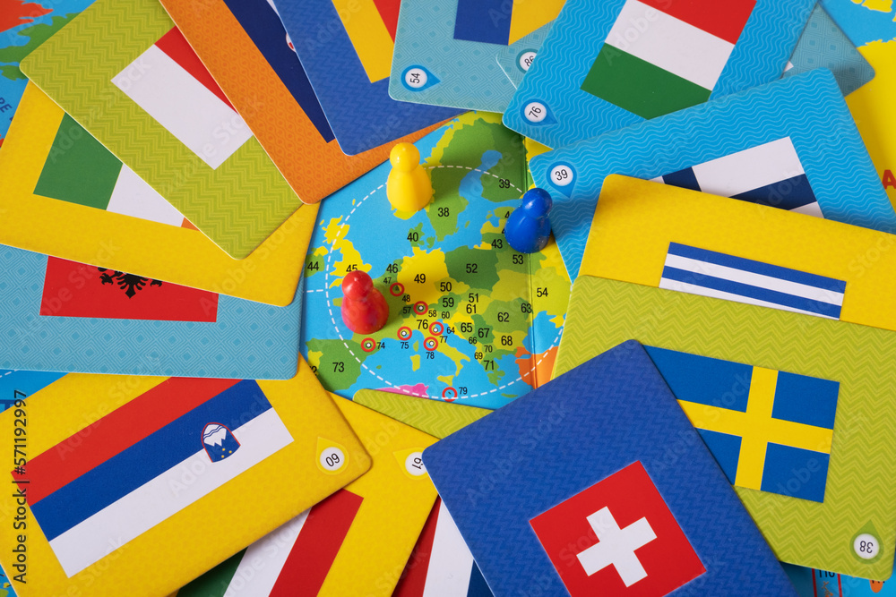 Board geography game with flags, world map and chips Stock Photo ...