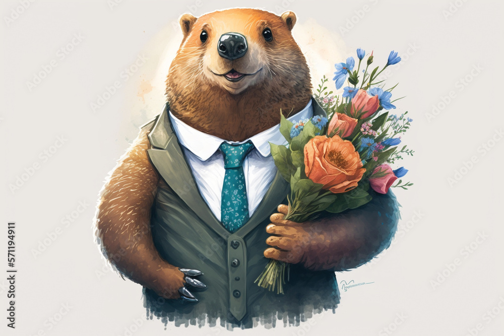 Weasel Animal, dressed in a suit and tie, holding a bouquet of flowers ...