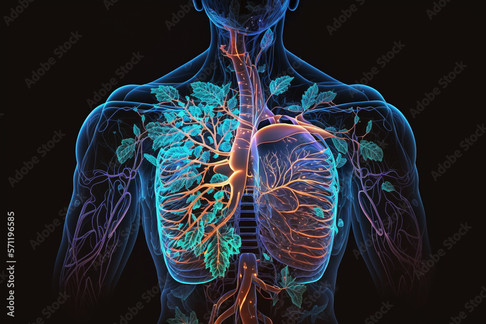 Human body with transparency, featuring bioluminescent lines that ...