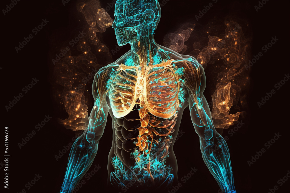 Human body with transparency, featuring bioluminescent lines that ...