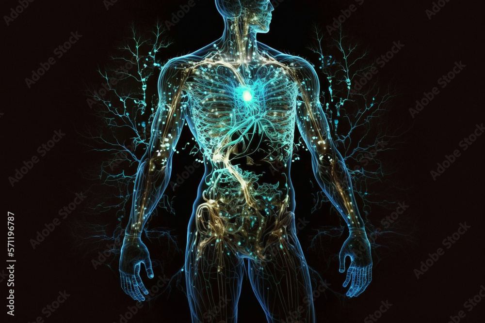 Human body with transparency, featuring bioluminescent lines that ...