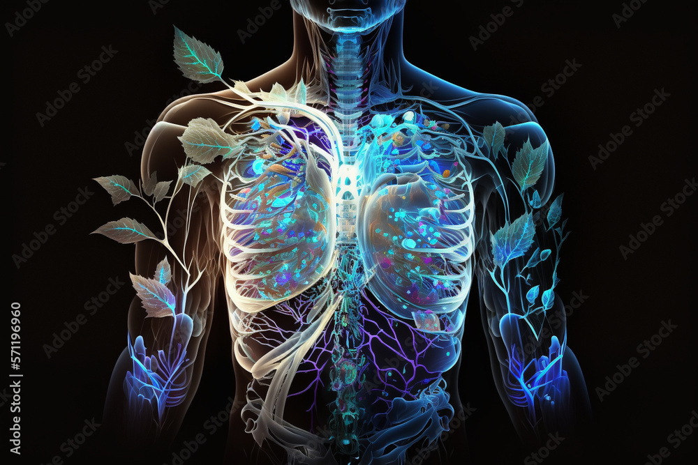 Human body with transparency, featuring bioluminescent lines that ...