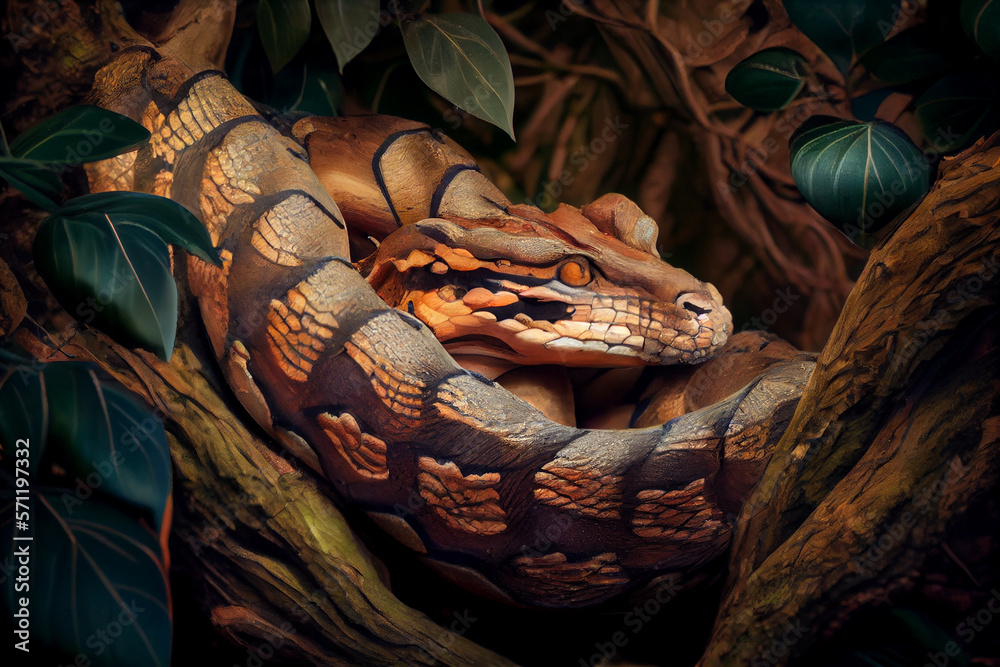 Giant python in the branches of a tree. AI generated. Stock ...