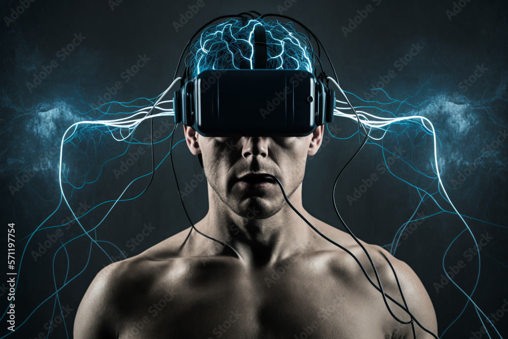 Man wearing a VR headset, with wires coming out of his head ...